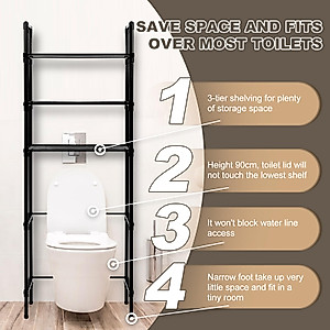 PTMTFYL Over The Toilet Storage Shelf, 3 Tier Storage Cabinet Over Toilet, Behind Toilet Shelf, Above Toilet Storage Rack, Bathroom Organizer Freestanding Toilet Shelf Space Saver (Black)