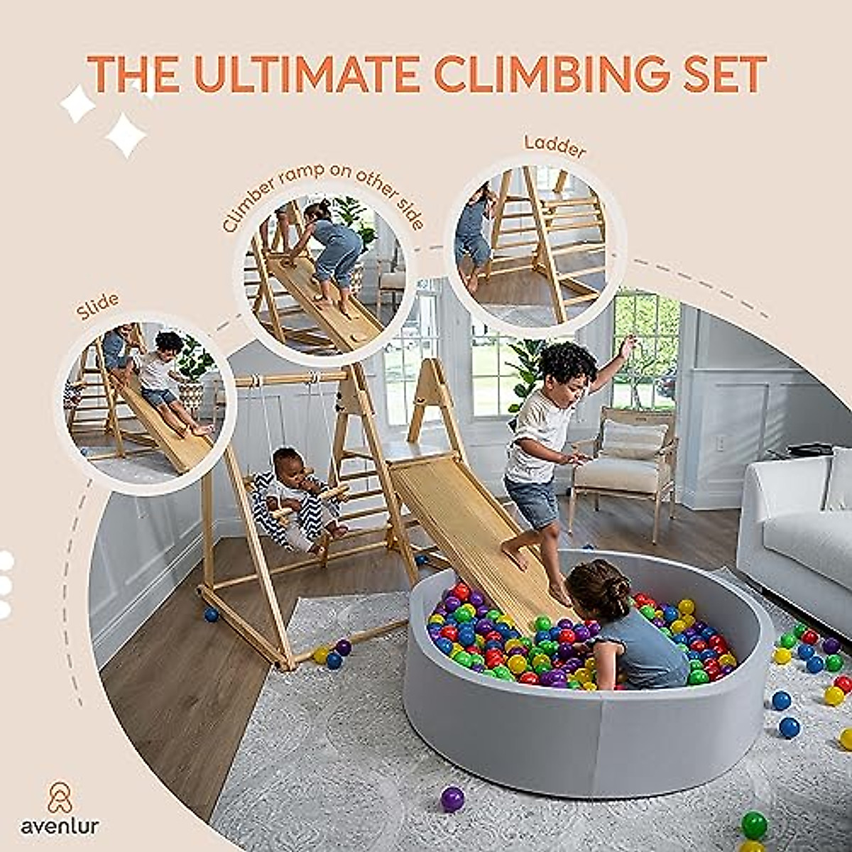 Avenlur 4-in-1 Juniper Indoor Play Gym - Jungle Gym Playset with Baby Swing, Slide, Ladder, and Climbing Wall - Foldable Wooden Playset - Indoor Jungle Gym for Kids Ages 18mo to 6yrs
