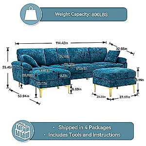 Olela Sectional Couch Velvet Upholstered U Shaped Modular Sectional Sofa with Golden Metal Legs for Living Room (Teal Blue)