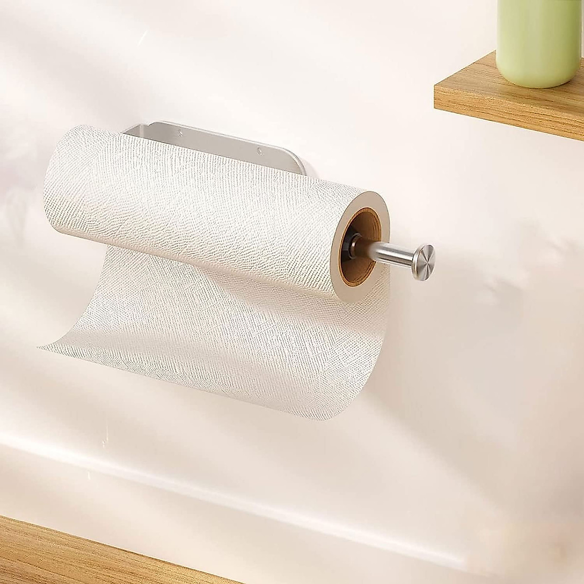 Shinhadi Paper Towel Holder Under Cabinet with Damping Effect,Wall Mount Paper Towel Holder Single Hand Operable, Self-Adhesive or Drilled for Kitchen Bathroom Pantry