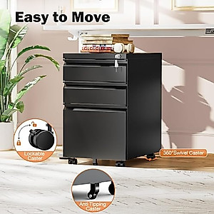 3 Drawer File Cabinet - Locking Filing Cabinet, Rolling Small Metal File Cabinets with Wheels, Under Desk storage for A4, Letter, Legal Pre-Assembled Home Office Mobile File Cabinet - Black
