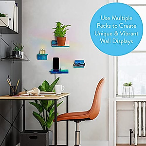 BRBR Store Floating Multi-Use Acrylic Wall Shelf Set | Pack of 2 Iridescent Mounted Shelves with Ledge and Hole for Photo Display, Phone Charging, More, One 4 In x 3 9