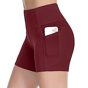Dragon Fit High Waist Yoga Shorts for Women with 2 Side Pockets Tummy Control Running Home Workout Shorts (Large, Wine Red)
