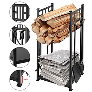 AMAGABELI GARDEN & HOME 31.6in Large Firewood Rack Fireplace Tools Set Wood Holder Indoor log Rack With Tools Tall for Wood Stove Firepit Campfire Storage Stacking Wrought Iron Accessories Outdoor