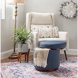 Linon Lexington Blue Sherpa Round Storage Ottoman with Wood Accent