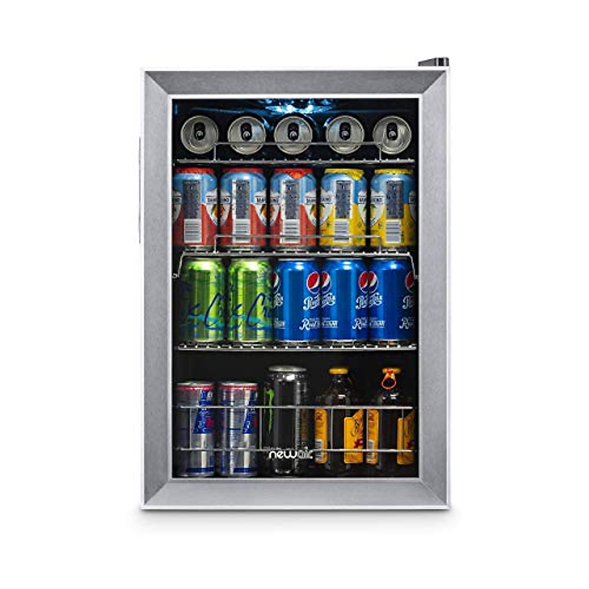 NewAir Beverage Refrigerator Cooler with 90 Can Capacity - Mini Bar Beer Fridge with Right Hinge Glass Door - Cools to 34F - AB-850 - Stainless Steel (Renewed)