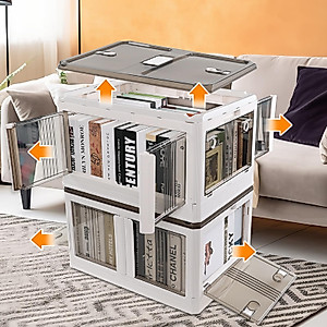 Sandmovie 4 Packs 15 Gallons Stackable Collapsible Storage Box with Wheels, Plastic Folding Box with 5 Doors