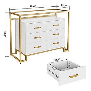Senfot 6 Drawer Dresser, Wood Dresser Chest with Wide Storage Space, Steel Frame & Tempered Glass Top, Storage Tower Clothes Organizer, Large Storage Cabinet for Bedroom, Living Room