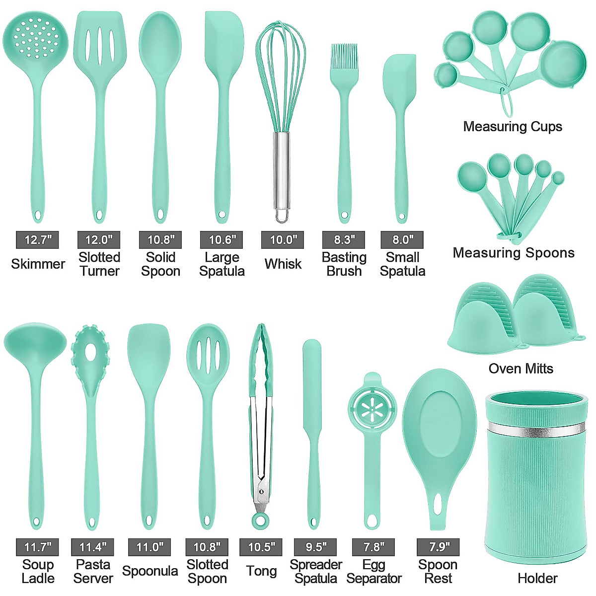 Silicone Cooking Utensils Set, 28PCS Kitchen Utensils Set with Holder, AIKWI Heat-Resistant & Non-stick Silicone Spatula, Tongs,Spoon for Cooking, BPA Free Kitchen Tools Gift (Green)