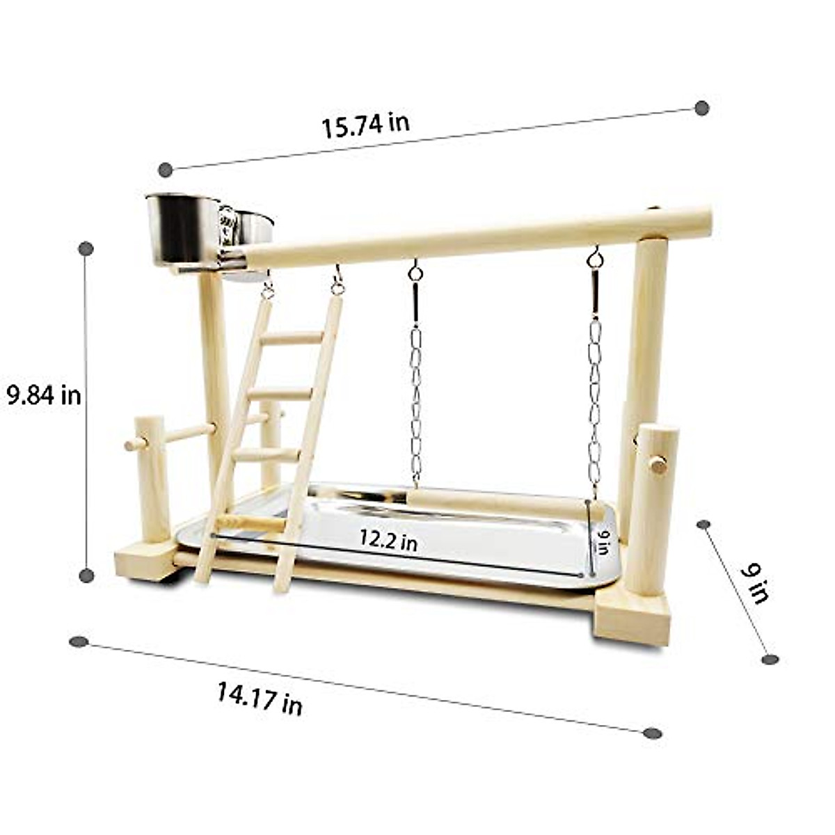 Bird Perch Parrot playstand Wood Perch Gym Cockatiel Swing Ladder with Feeder Cups Toys 14.1in×9.8in×9in