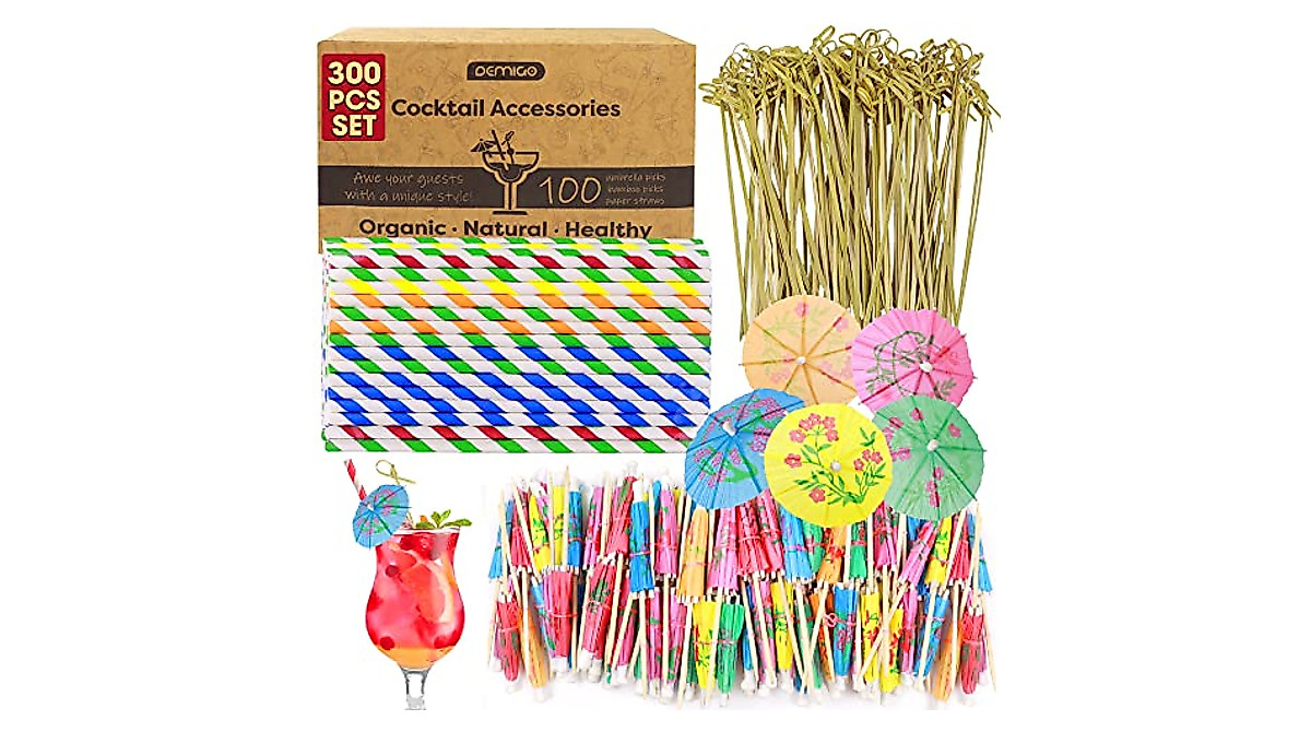 Demigo 300pc Cocktail Accessories: Party Umbrellas, Picks & Straws