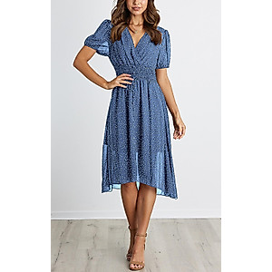 PRETTYGARDEN Summer Floral Midi Dress Puff Sleeve Casual Swing Sun Dress Floral Boho Hawaiian Flowy Long Dress Chiffon Polka Dot Womens Casual Dress Summer(Dark Blue, Large)