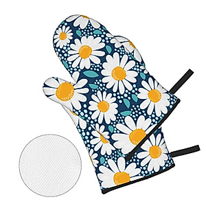 Oven Mitts and Pot Holders Sets of 4 High Heat Resistant Daisy Flowers Oven Mitts with Oven Gloves and Hot Pads Potholders for Kitchen Baking Cooking BBQ Non-Slip Cooking Mitts