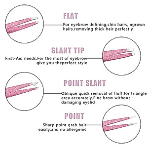 Tweezers Set 4-piece,Professional Stainless Steel Slant Tip and Pointed Craft Tweezers with Leather Case-Precision for Eyebrows,Ingrown Hair,Facial Hair,Blackhead and Lash Extension (Rose Gold)