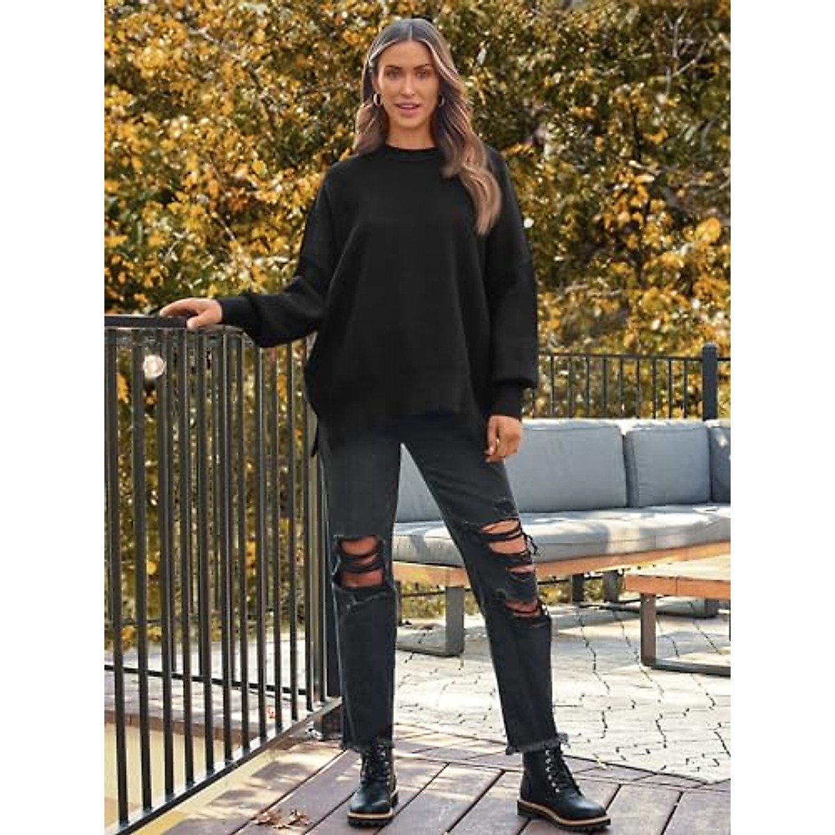 LILLUSORY Women's Oversized Batwing Sweaters 2024 Fall Outfits Crewneck Ribbed Knit Side Slit Trendy Pullover Tops Black XL