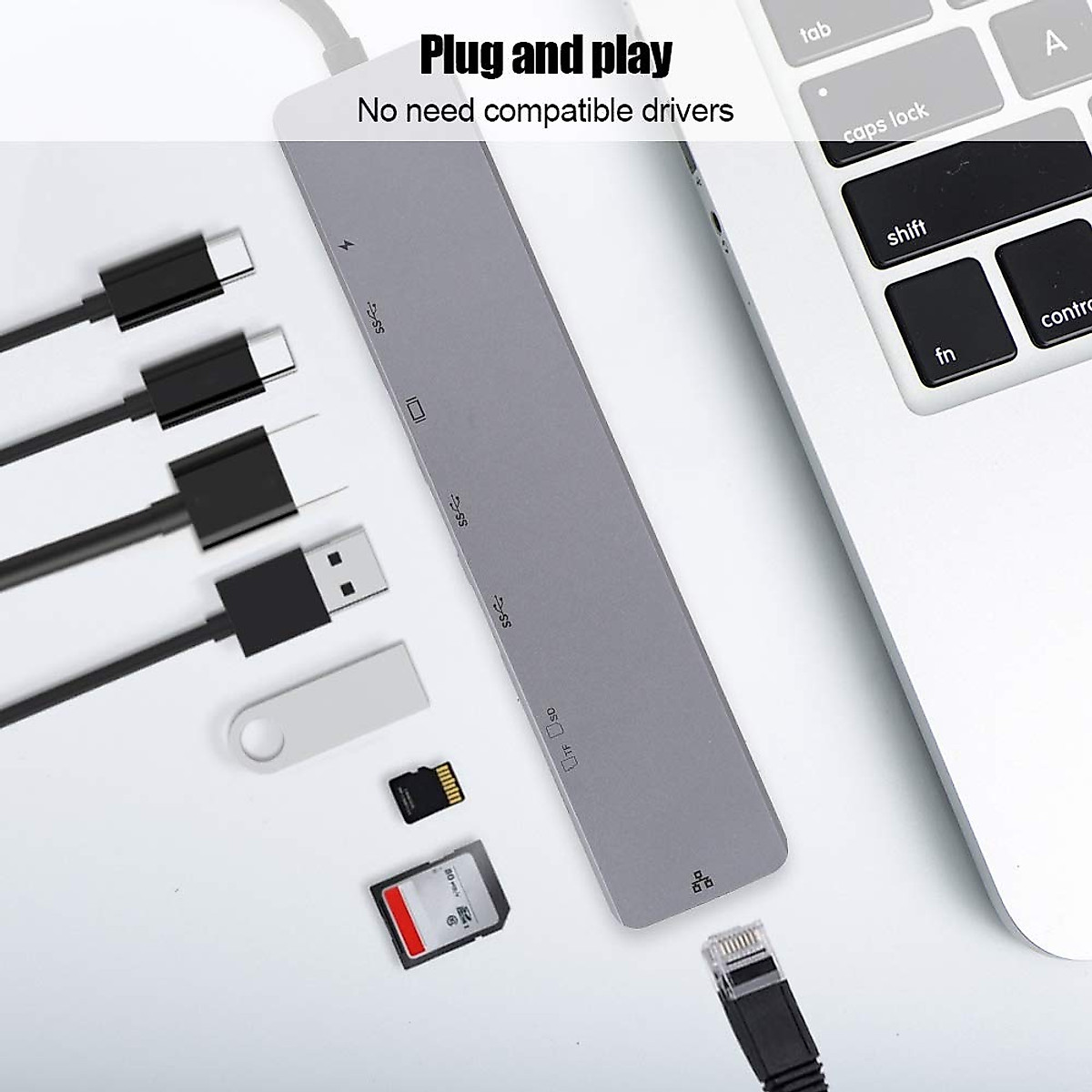8 in 1 HUB, USB3.0 HDMI HUB Multiport Adapter, Plug-and-Play Memory Card Reader for Laptop with Aluminum Alloy Case.