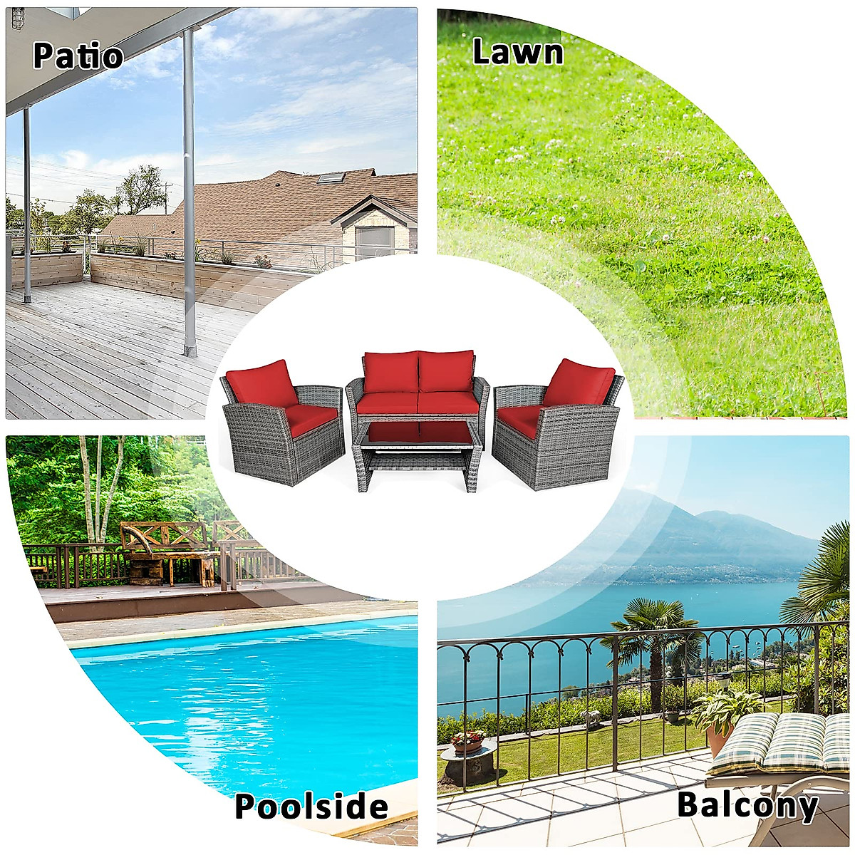 COSTWAY 4 Pieces Patio Rattan Furniture Set, Outdoor Wicker Sofa Set with Tempered Glass Coffee Table, Cushions, All Weather Rattan Conversation Set for Yard Balcony Backyard Pool, Red