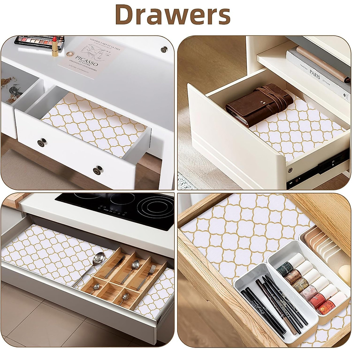 Shelf Drawer Liners for Kitchen Cabinets Non Adhesive Drawer Liner Thickened Refrigerator Liner Gold Quatrefoil Strong Non-Slip Paper for Tool Box with Knife and Tape Measure,11.8 x 118 Inches