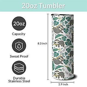 20 oz Sloth Skinny Tumblers with Lid and Straw, Sloth Stainless Steel Vacuum Insulated Travel Coffee Mug Cup Water Bottle, Sloth Decor Stuff Accessories, Gifts for Women Girls Sloth Lover