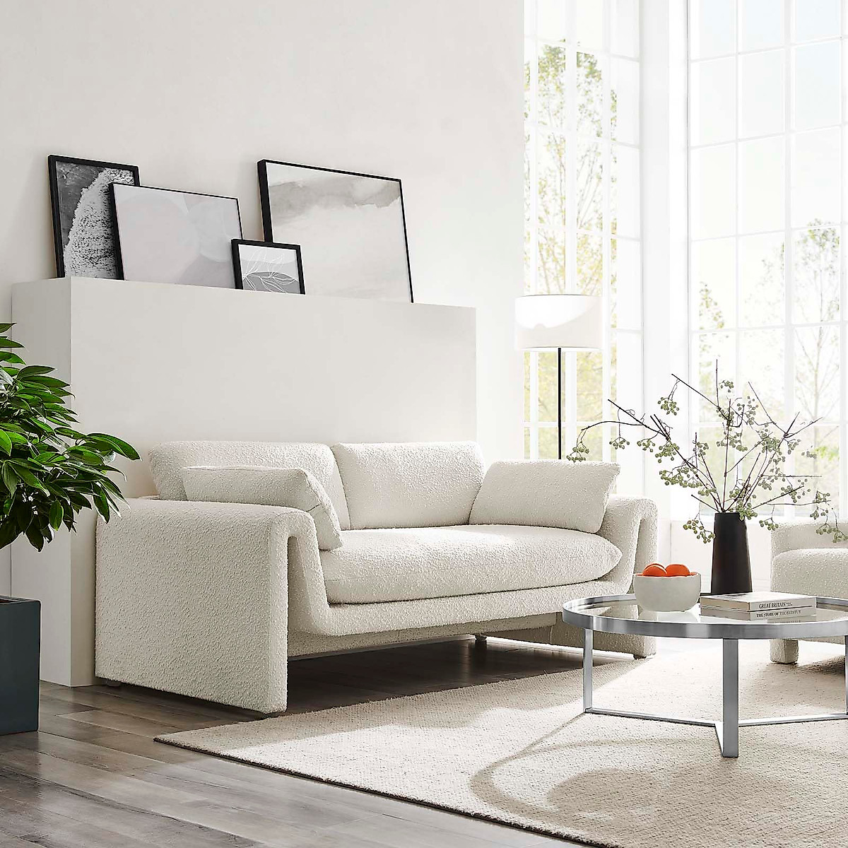 Modway EEI-6381-IVO Waverly Boucle Fabric Sofa, Ivory