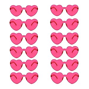 JFTOWN 12 Pairs Heart Shape Rimless Valentines Sunglasses Candy Color Frameless One Piece Love Glasses for Women Party Favor (Hot Pink)