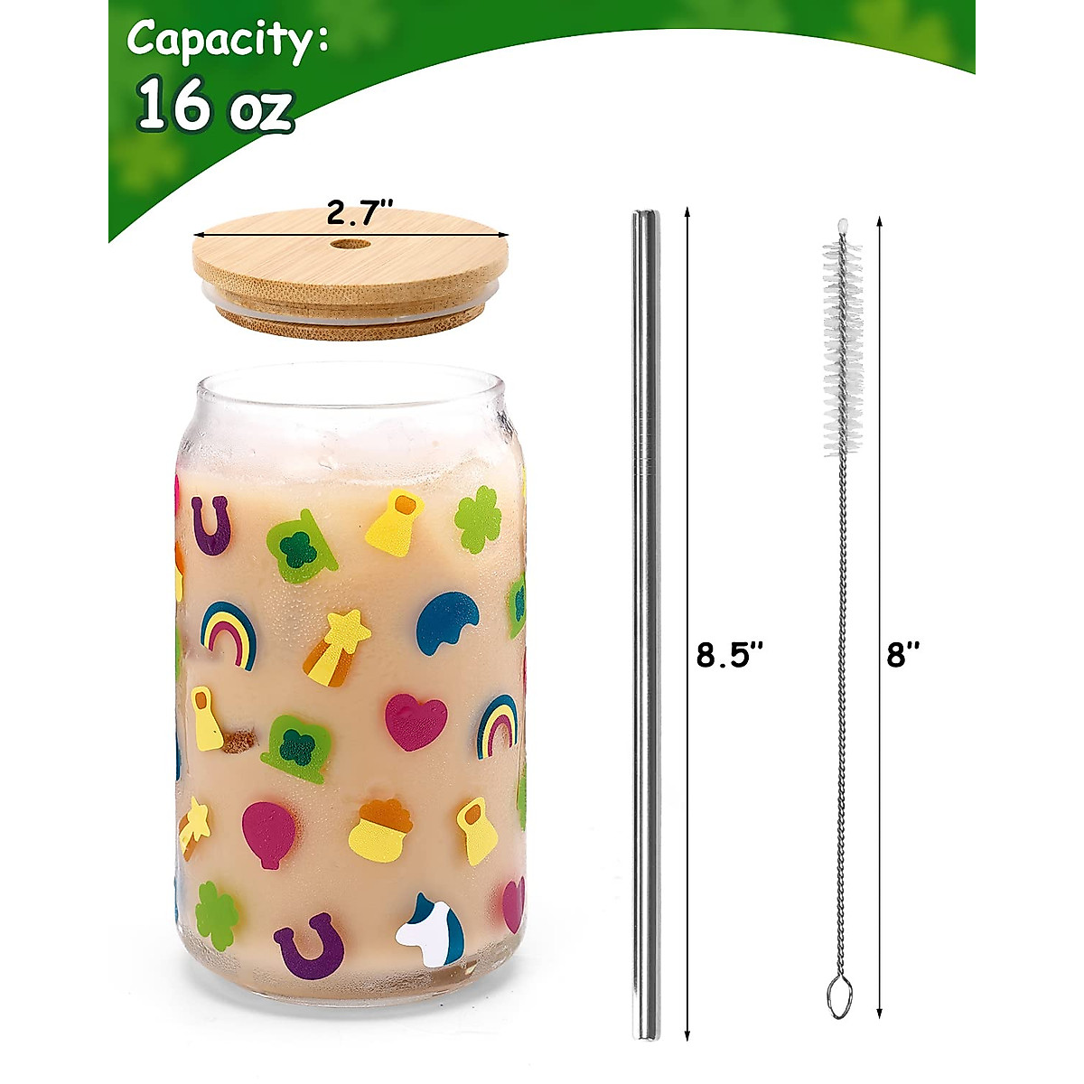 Nefelibata Lucky Charm Iced Coffee Glass Cup Beer Can Glass 16oz with Bamboo Lid and Metal Straw Feeling St. Patrick's Day Drinking Glasses Preppy Smoothie Tumbler Mug Modern Coffee Gift Idea