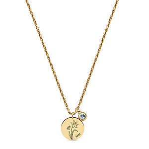 Fettero Birth Flower Necklace Gold Coin Stamp Dafodil Pendant Birthstone Aquamarine Month March 18K Gold Vacuum Plated Dainty 2MM Twist Rope Chain Simple Personalized Jewelry for Women