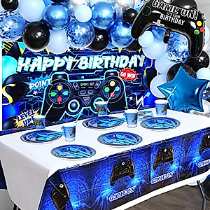 Winrayk Video Game Party Decorations Birthday Supplies Game Balloons Garland Arch kit Backdrop Game On Tablecloth Star Gamepad Foil Balloon Boy Girl Kids Teen Gamer Birthday Party Decorations Supplies