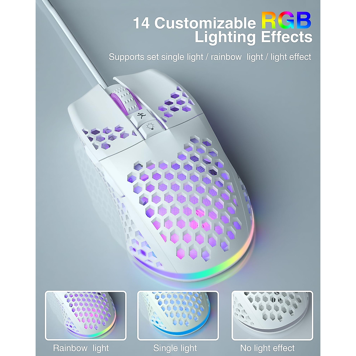 SOLAKAKA SM900 White Wired Gaming Mouse with Honeycomb Shell,12800 DPI,7 Programmable Buttons,Lightweight Gaming Mice Ergonomic Computer Wired Mouse Gaming for Win/PC/Mac/Laptop Gamer