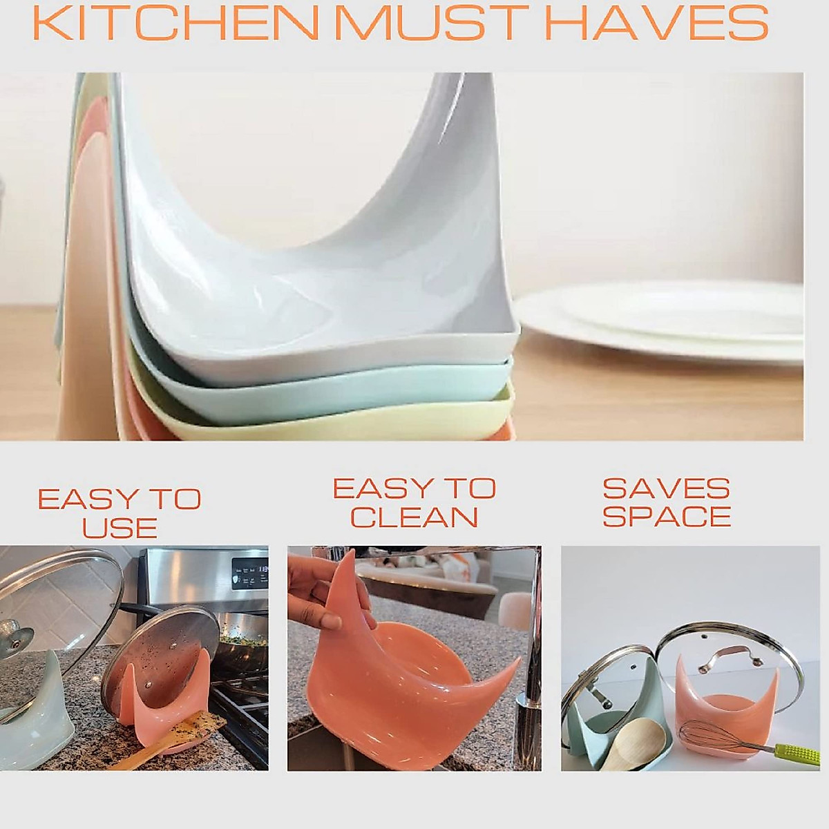 Non-Skid PP Plastic Pot Lid Stand , Cover Holder Sets Lid Rack, Multifunction 2 Side Pot Lid Holder , Pot Lid Stand for Home Kitchen, Holds 2 lids of any size or can be used as spoon rest (Green)