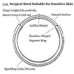 L7L7WM CZ Hinged Segment Nose Rings Hoop 316L Surgical Steel Cubic Zirconia Conch Daith Helix Tragus Body Piercing Jewelry Lip Rings Cartilage Earrings 20G 18G 16G Stainless Steel Septum Clicker Ring,