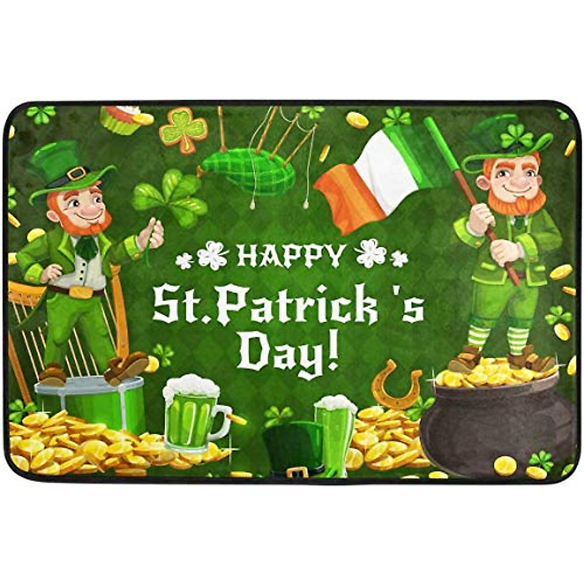 Clovers Leprechaun Ireland Flag Door Mats Golden Coins Beer Floor Mat Indoor Outdoor Entrance Bathroom Doormat Non Slip Washable Spring Welcome Mats St Patrick's Day Home Decor 23.6 x 15.7 inch