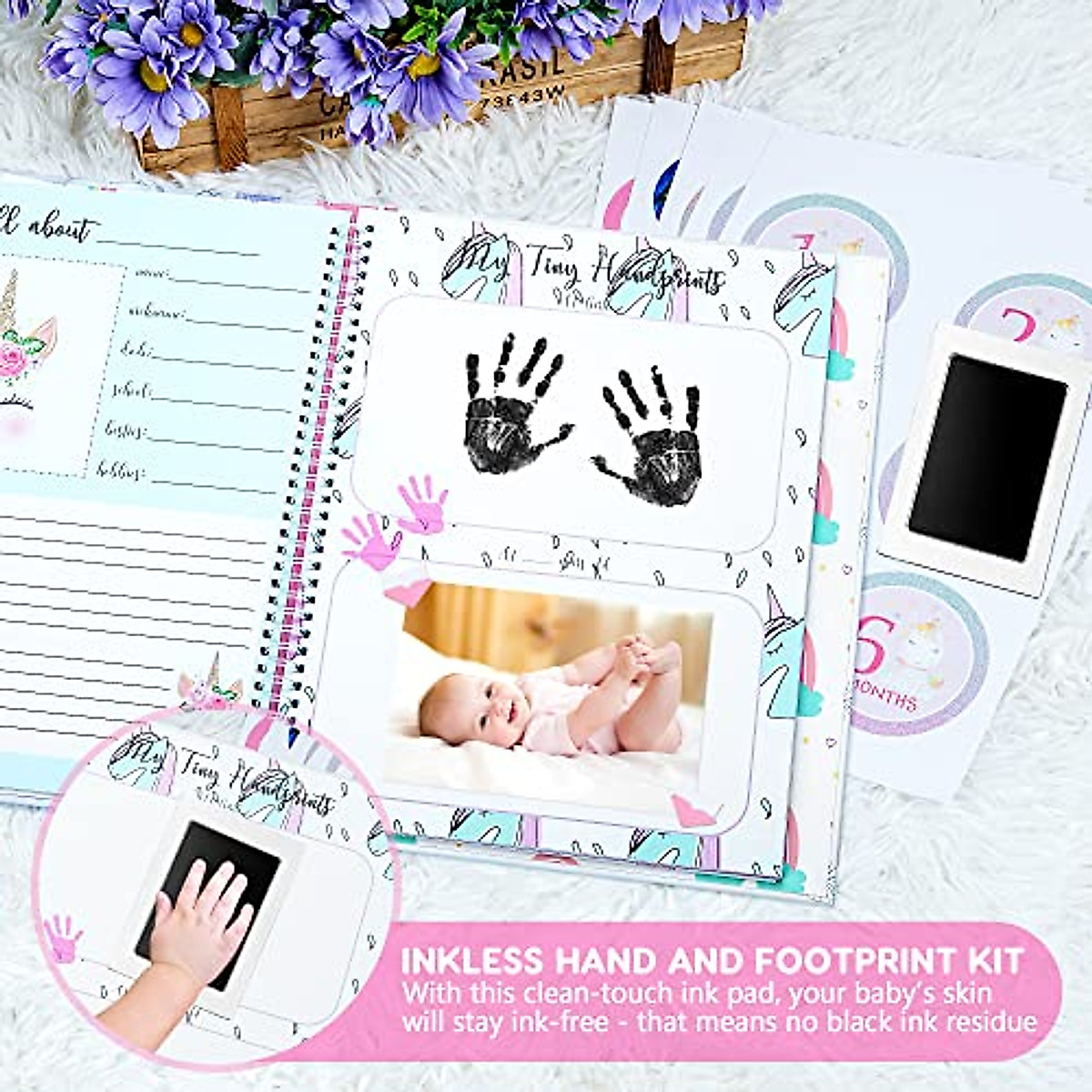Kemella Kreations My Memory Book with Keepsake Box, Baby Milestone Stickers, Photo Corners & Footprint Kit, Unicorn Design - Baby First Five Years, Scrapbook, Journal, Photo Album for Newborn to 5 Years, Girl