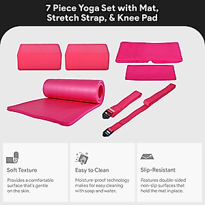 BalanceFrom 7-Piece Home Gym Yoga Set with 1-Inch Thick Yoga Mat, 2 Yoga Blocks, Mat Towel, Hand Towel, Stretch Strap & Knee Pad, Pink