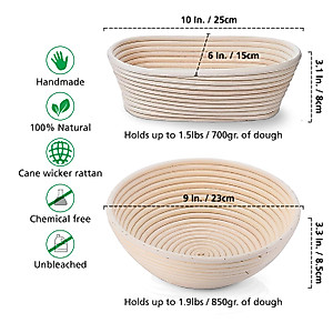 HOMEADOW Banneton Bread Proofing Basket - Perfect Gift - 11 Pcs Kit: 10' Oval + 9' Round Brotform, Liner, Bread Lame, Bench Scraper, Dough Scraper, Stencils, Baking Mat, Bread Bag, Brush | Sourdough