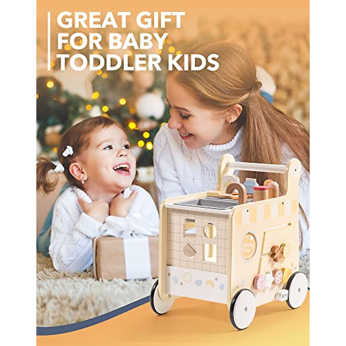 ROBOTIME Baby Push Walker Wooden Strollers,4 in 1 Multiple Activities Center Learning Activity Walker Toys, Suitable for Toddlers Kid 12Mos+ with Bakery Kitchen,Shape Sorter and Movable Slider