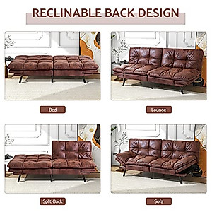 LIFERECORD Futon Sofa Bed Modern Faux Leather Convertible Sofa Memory Foam Daybed with Adjustable Armrests for Living Room Apartment Dorm, Brown