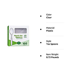 Comfy Package [100 Pack] Heavyweight Clear Plastic Tea Spoons with Engraved Design - Disposable Sturdy Plastic Utensils for Parties, Weddings, and Events