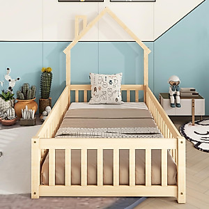 Twin Floor Bed with Rails and House-Shaped Headboard Kids Bed Frame with Fence and Doors Twin Size Wood Montessori Floor Bed for Baby Girls Boys, Natural
