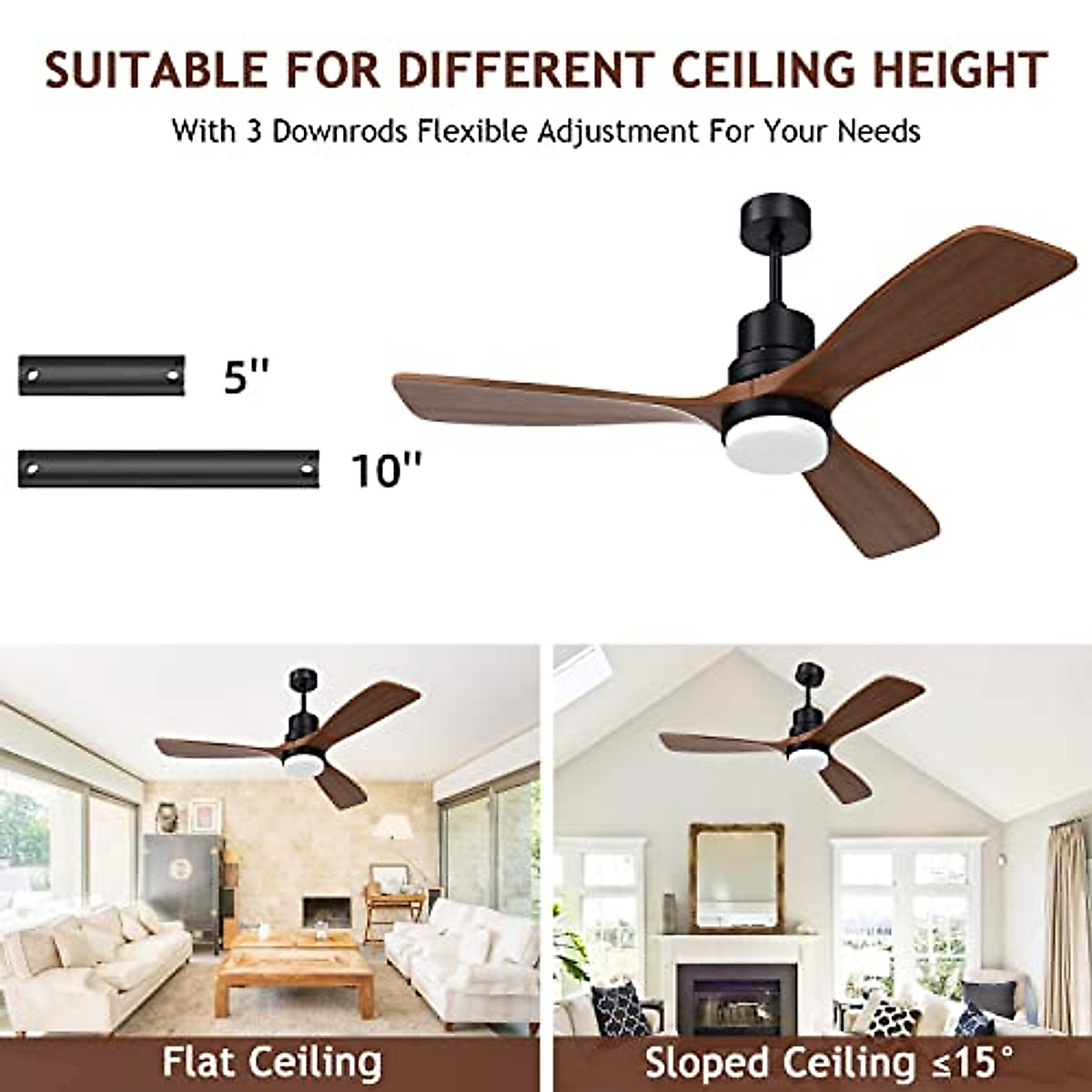 ghicc Ceiling Fans with Lights and Remote Modern Ceiling Fans with 3 Walnut Wood Blades, Indoor/Outdoor Ceiling Fans for Patios Farmhouse Bedroom，42"， Matte Black