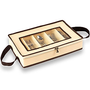 Flatware Utensil Storage Case, Silverware Storage Box, Sterling Silver Flatware Storage Chest, Cutlery Storage, Silverware Organizer with Zipper Lid and Carry Handles, Silverware Container Tray