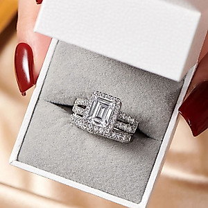 Wuziwen 4 Carat Emerald Cut Sterling Silver Engagement Rings Wedding Ring Set for Women CZ Size 8
