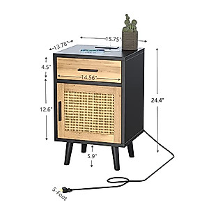 Irontar Rattan Nightstand Set of 2, Nightstand with Charging Station, Beside Table with Drawer and USB Ports, Farmhouse Side Table with Door, Night Stand for Bedroom, Black and Natural BZZ005ME02