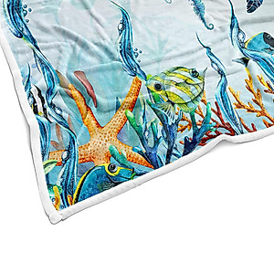 Turtle Blanket Sea Animal Starfish Throw Blanket Kids Blankets Throws Sea Turtle Gifts for Women Boys Girls Aqua Teal Blue Super Soft Cozy Flannel Throw Blanket for Couch Sofa Bed 50"x 60"