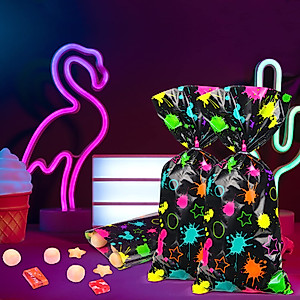 Epakh 100 Pack Neon Candy Bags Goodie Bags Plastic Colorful Treat Bags Glow in the Dark Party Supplies Favor Bags Neon Gift Wrap Bags with Silver Twist Ties for Glow Birthday Party Decor