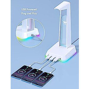 PHNIXGAM RGB Headphone Stand with 3.5mm AUX and 3 Port USB 2.0 Hub, Universal Gaming Headset Hanger Holder for Computer Gaming Gamer Accessories (White)