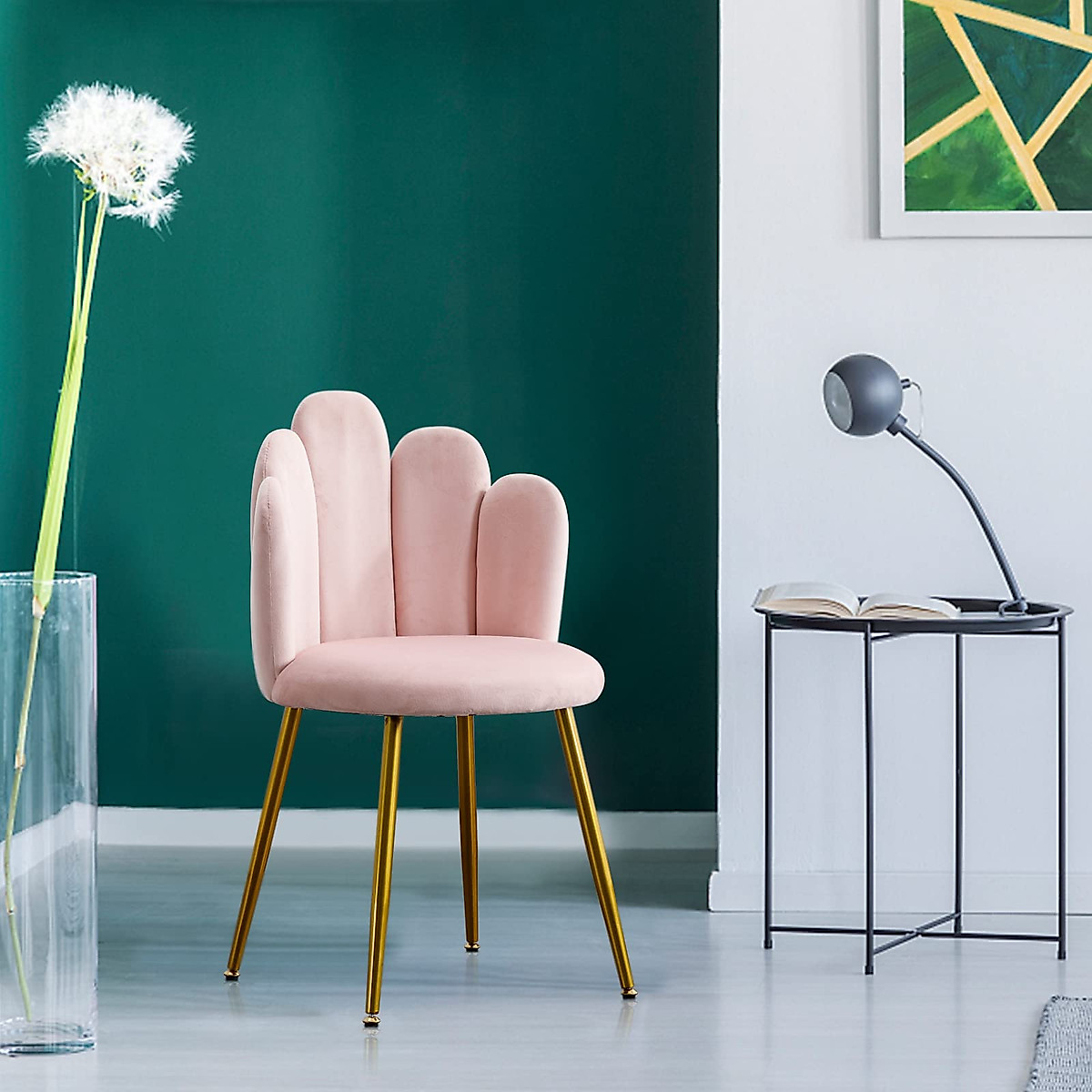 BOWTHY Vanity Chair for Makeup Room - Midcentury Modern Accent Velvet Chair with Back Support, Gold Legs for Living Room Bedroom (Pink)