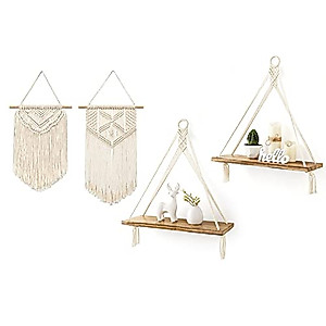 Mkono Macrame Wall Decor 4 Piece Set, 2 Pcs Macrame Wall Hanging Art Boho Wall Decor and 2 Pcs Hanging Shelves Wood Floating Storage Shelf for Bedroom Bathroom Living Room Nursery Dorm Room