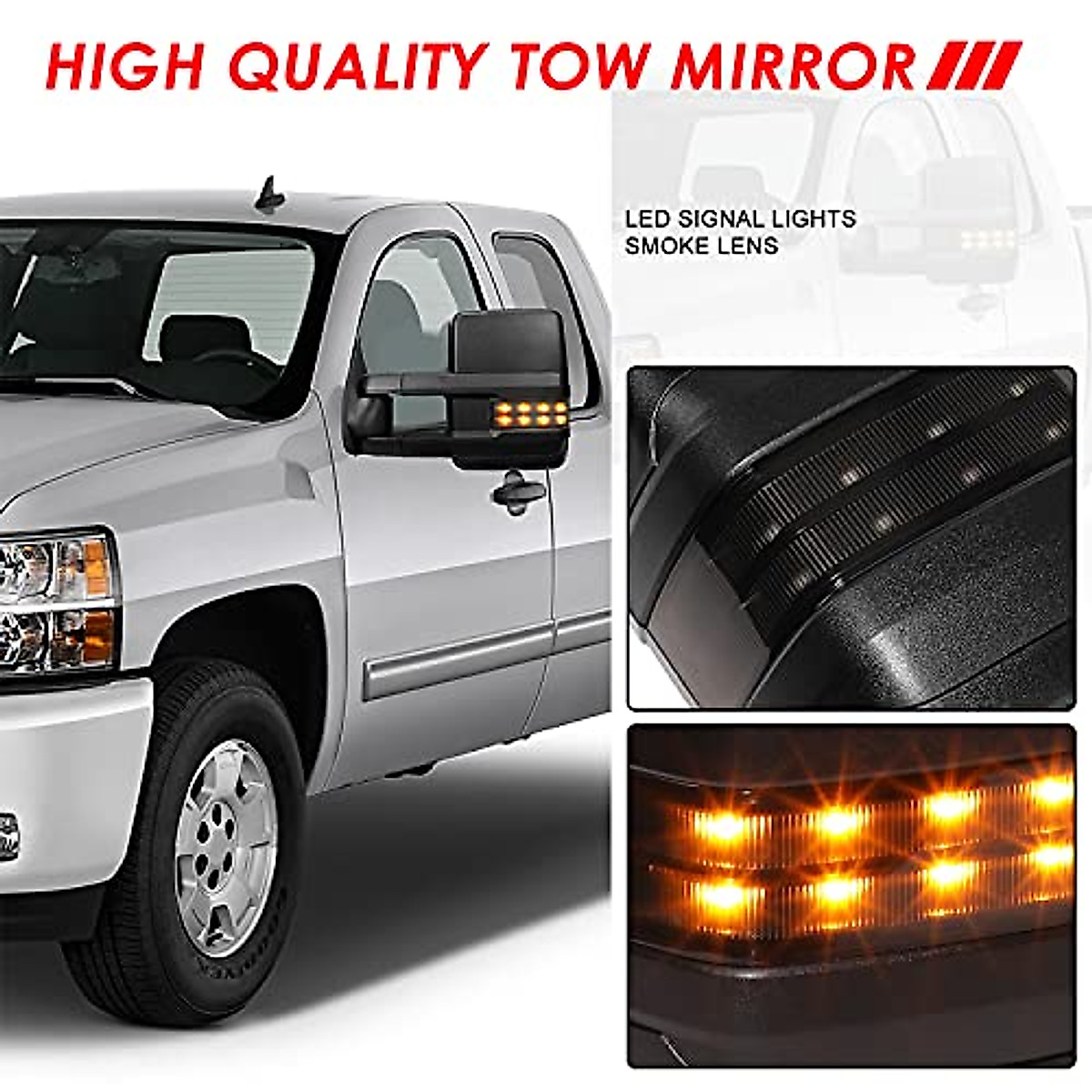 Pair Black Power Heated Smoked LED Turn Signal Lights Tow Mirrors Compatible with Silverado Tahoe Sierra Yukon 03-07
