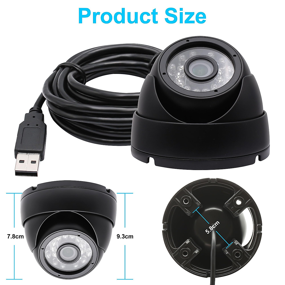 Hotpet 2MP USB Camera H.264 1080P Webcam Day Night Vision Indoor Outdoor Dome Camera 0.01LUX Low Illumination Home Security Camera with 24pcs IR LED for Windows Mac Linux Android